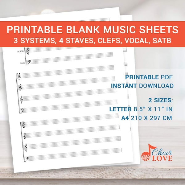 Printable Sheet Music, Blank Music, Sheet Music, 8.5 X 11, A4, Voice ...