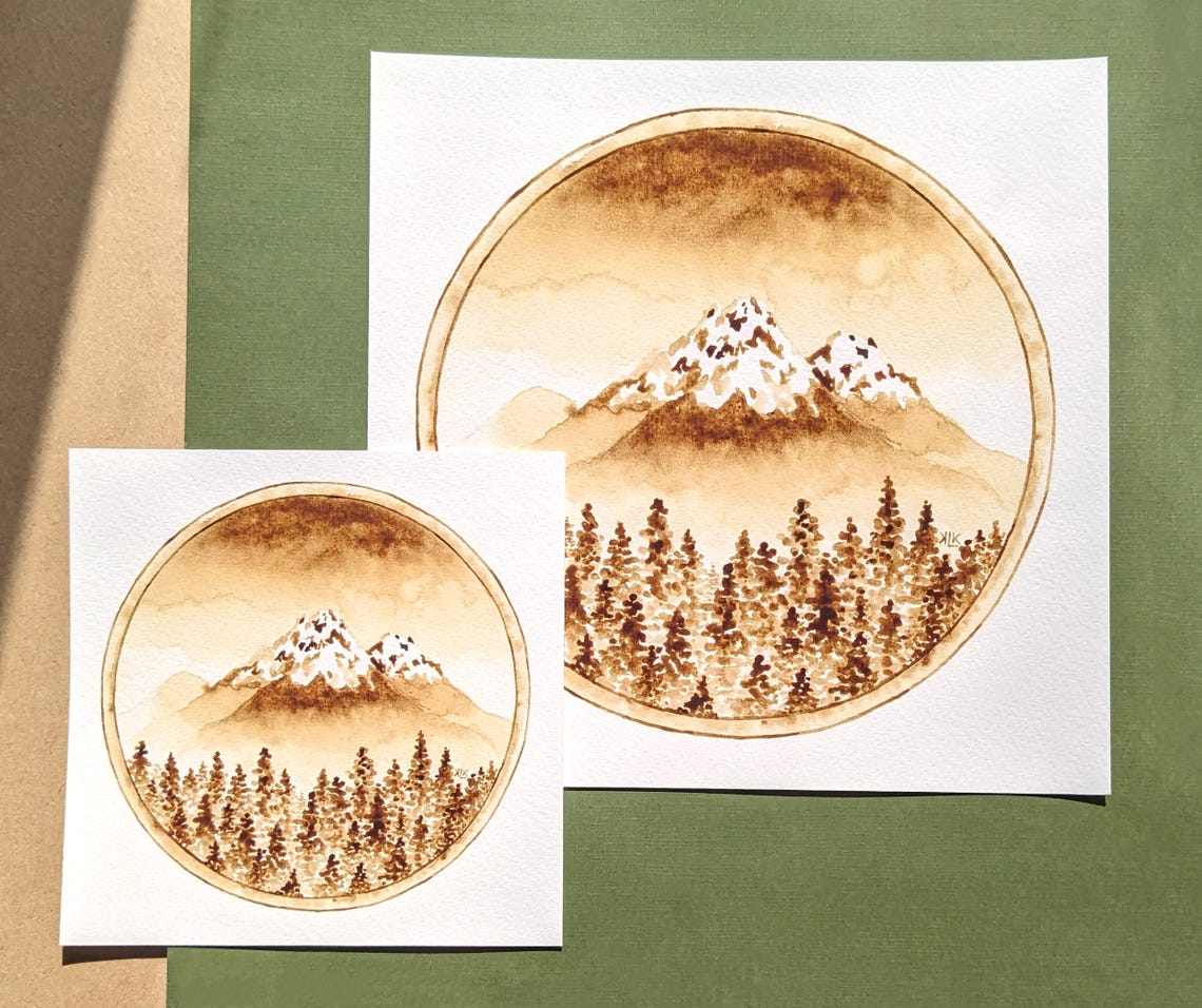 Coffee Painting Coffeescape Mountain Scene - Giclee Print - Etsy