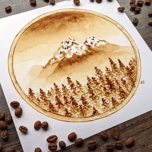 Coffee Painting Coffeescape Mountain Scene - Giclee Print - Etsy
