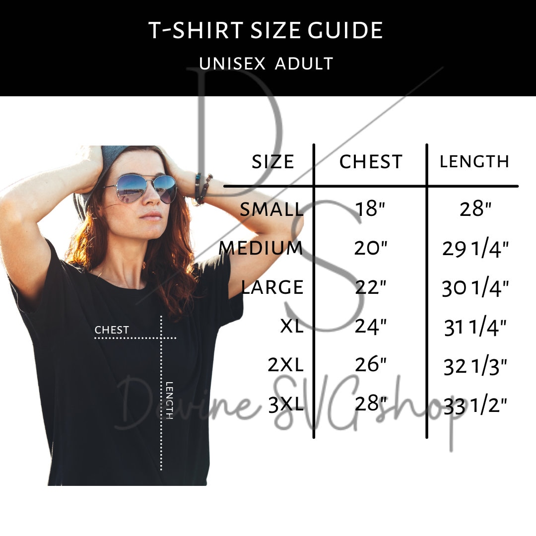 Adult Unisex Tshirt Size Chart, Flat Lay Size Chart, USA Shirt Size ...