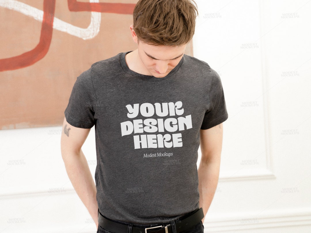 Male Model Mockup Heather Dark Grey Shirt Mockup Bella Canvas 3001 ...