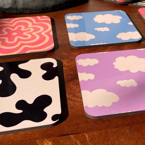 Cute Coasters Set of 4 Wavy Coasters Funky Decor Cork Coaster Colourful ...