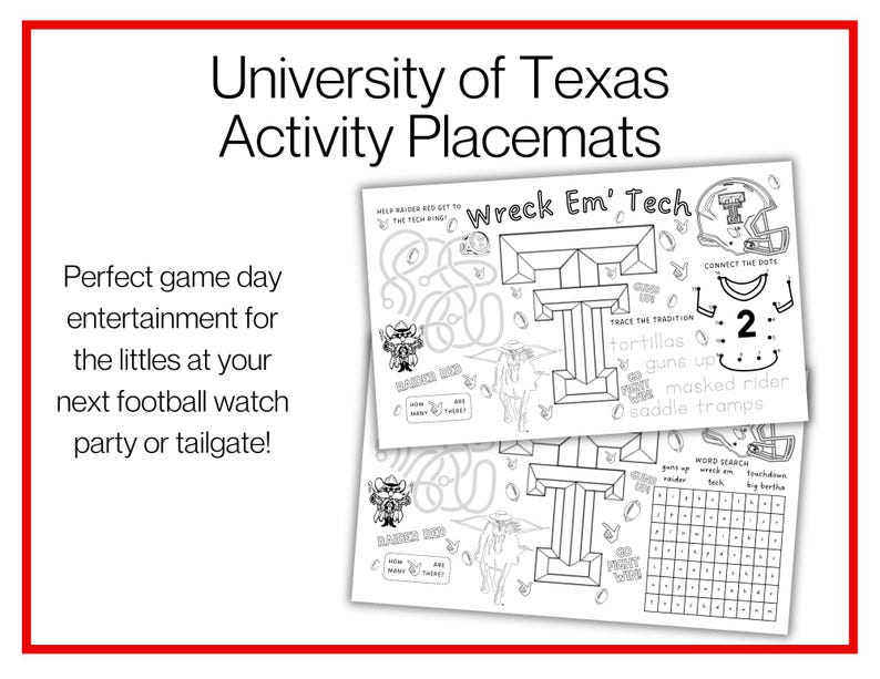 Texas Tech Football Printable Activity Placemat for Kids and Toddlers ...