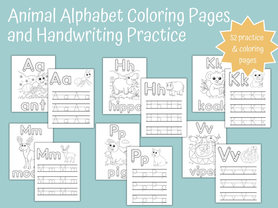 52 Animal Alphabet Handwriting Practice and Coloring Pages - Etsy
