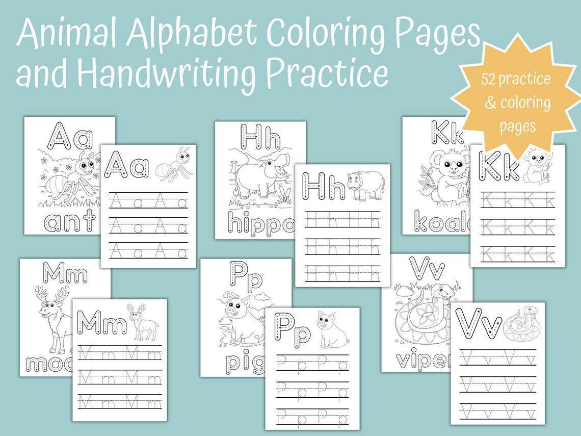 52 Animal Alphabet Handwriting Practice and Coloring Pages - Etsy