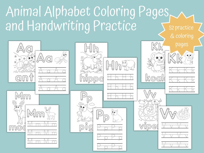 52 Animal Alphabet Handwriting Practice and Coloring Pages - Etsy