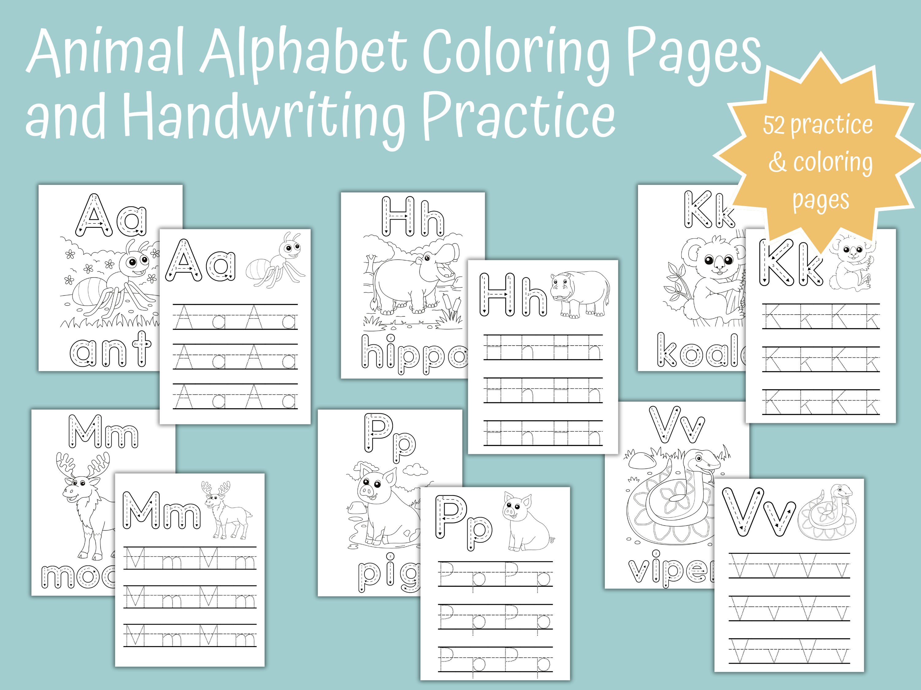 52 Animal Alphabet Handwriting Practice and Coloring Pages - Etsy