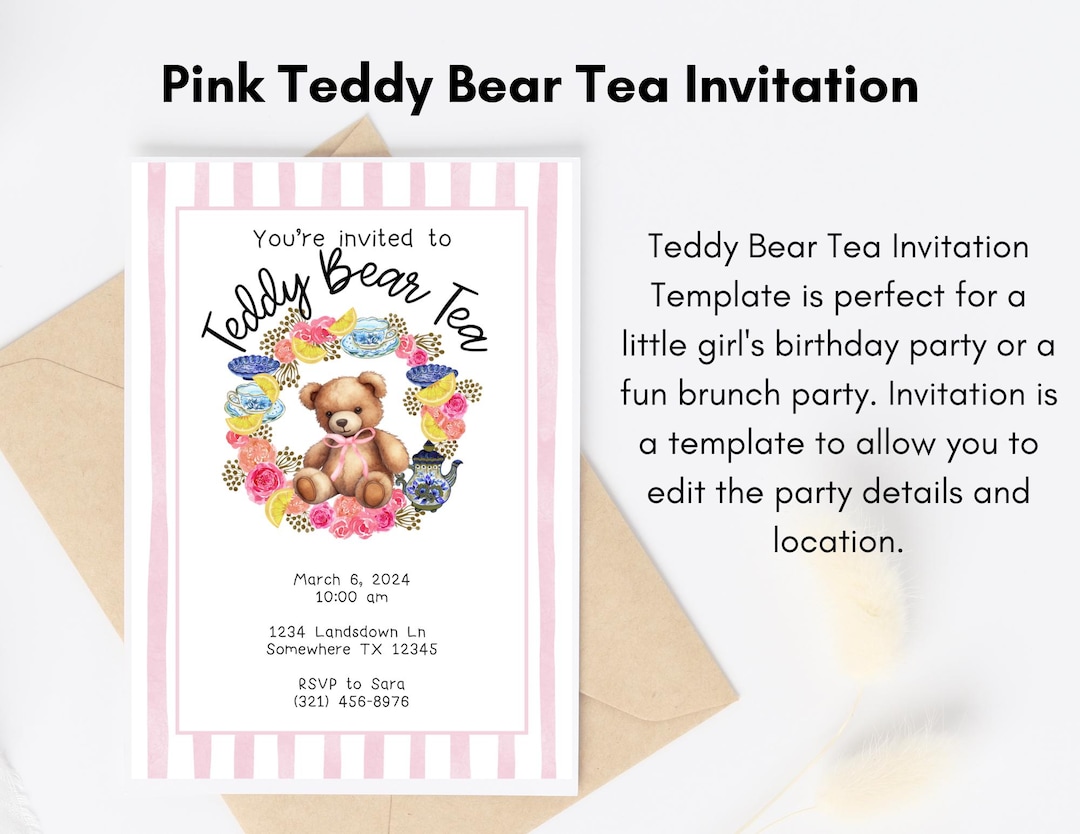 Teddy Bear Tea Editable Invitation Template With Pink Stripes - Etsy