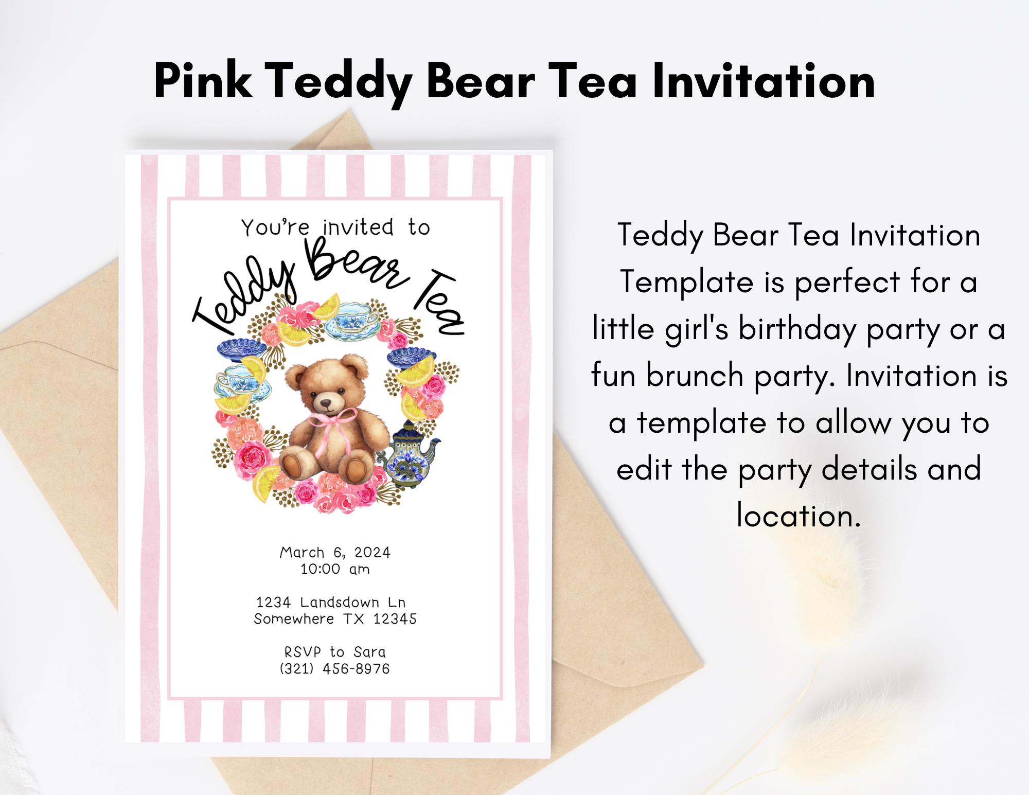 Teddy Bear Tea Editable Invitation Template With Pink Stripes - Etsy