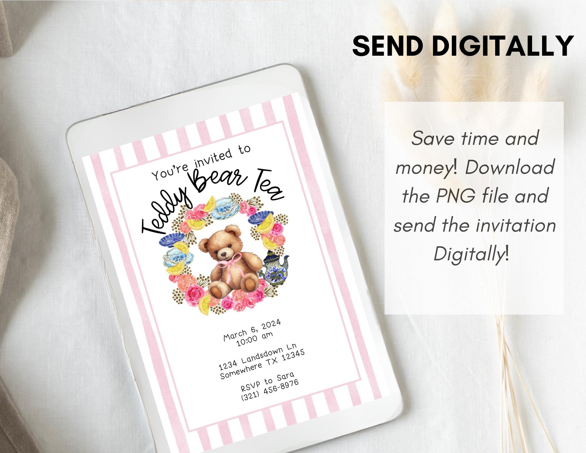 Teddy Bear Tea Editable Invitation Template With Pink Stripes - Etsy