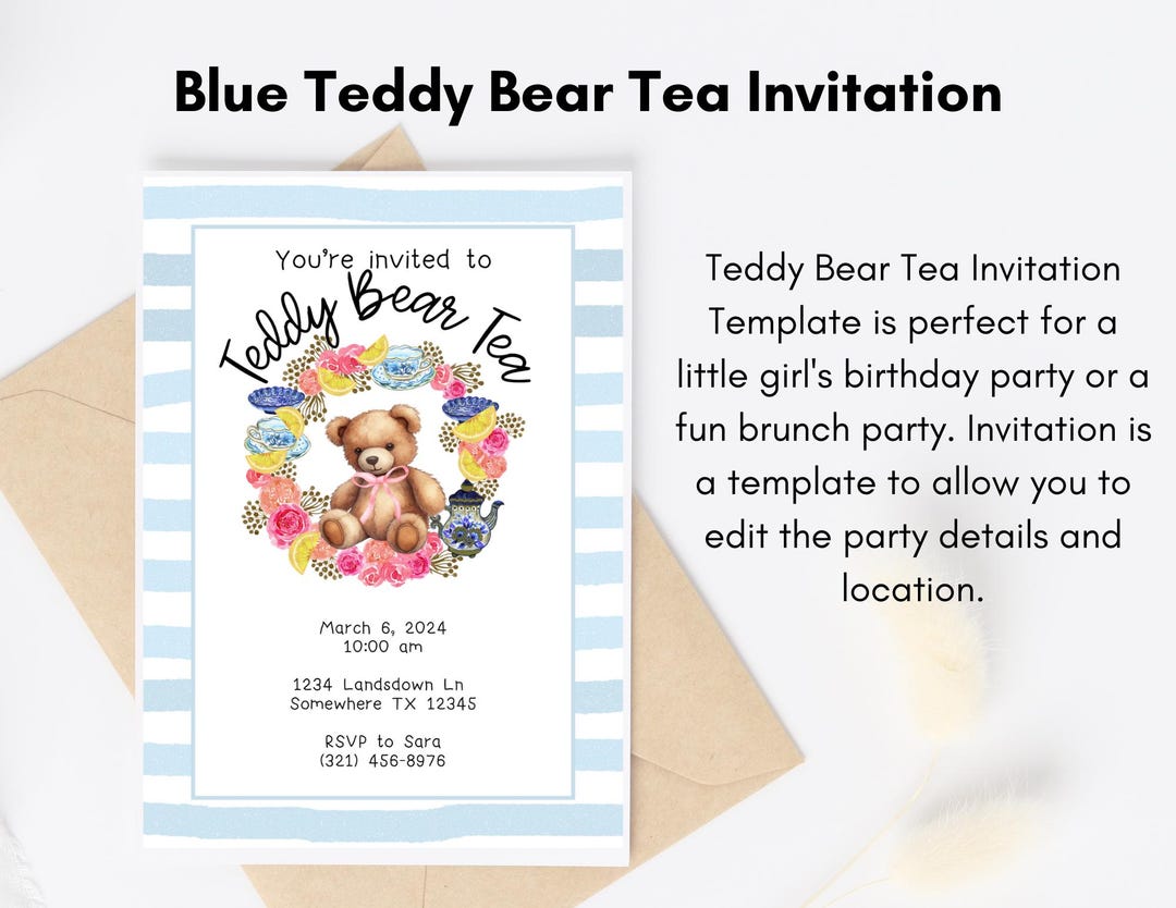 Teddy Bear Tea Party Editable Invitation Template With Blue Stripes - Etsy