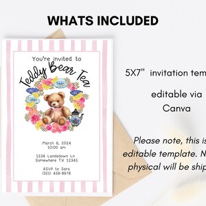 Teddy Bear Tea Editable Invitation Template With Pink Stripes - Etsy