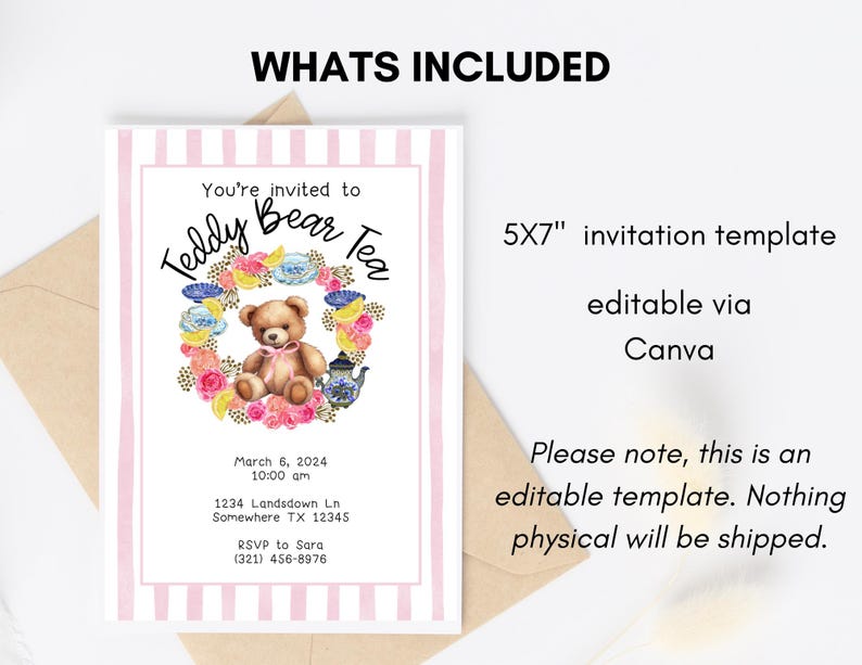 Teddy Bear Tea Editable Invitation Template With Pink Stripes - Etsy