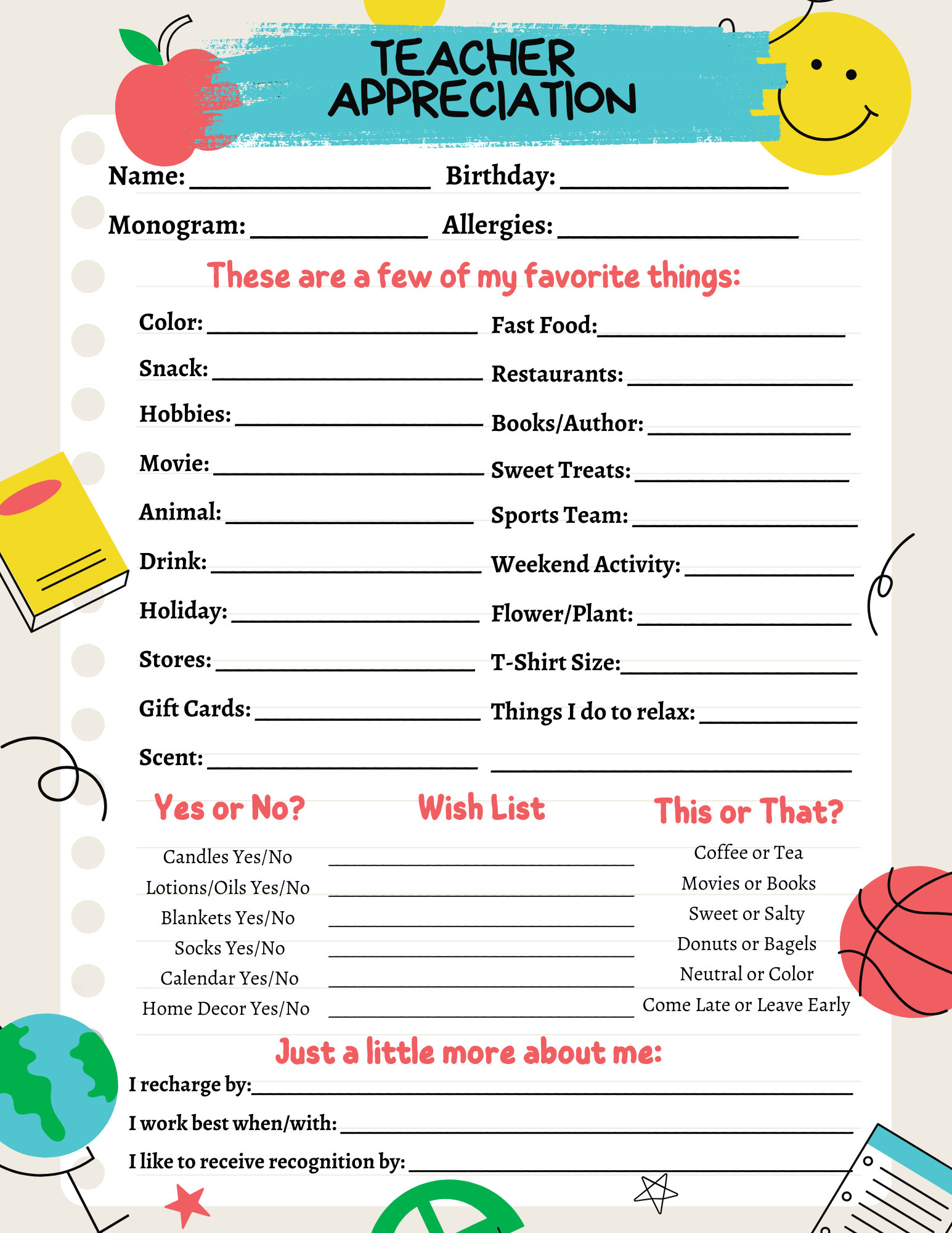 Teacher Appreciation Favorites List - Etsy