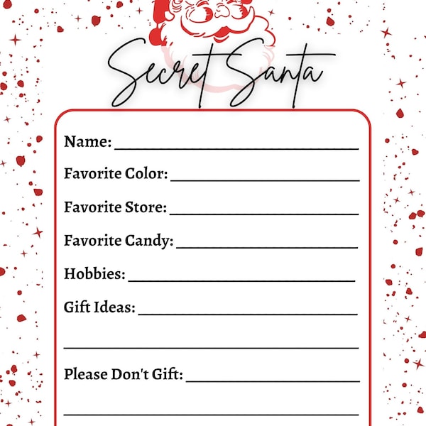 Secret Santa Questionnaire Printable Free - Etsy
