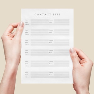 Minimalist Contact Sheet Template | Printable Planning Sheet ...
