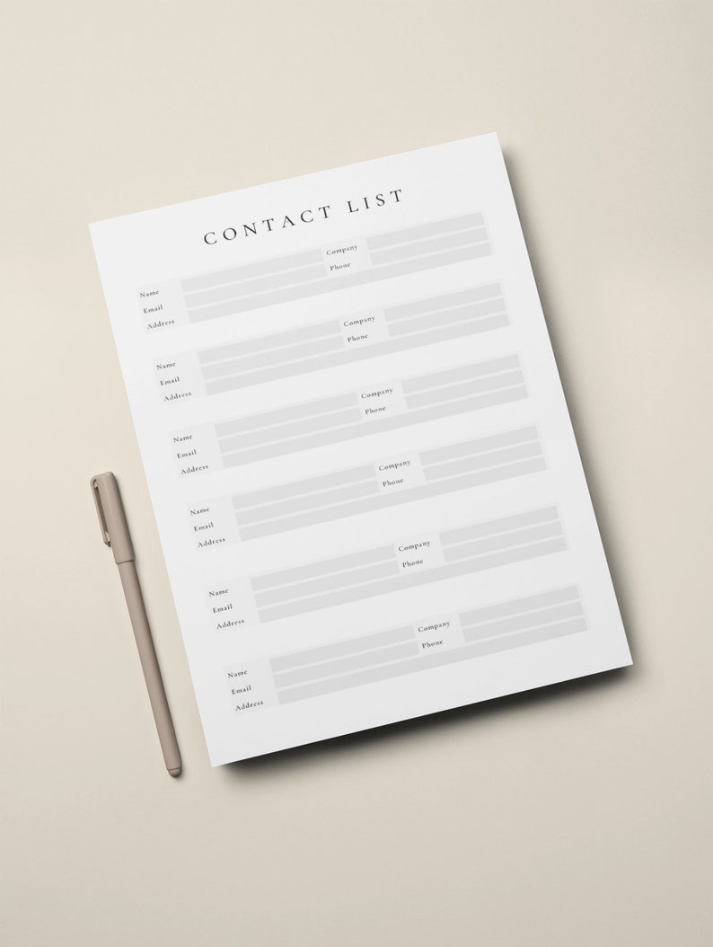 Minimalist Contact Sheet Template | Printable Planning Sheet ...