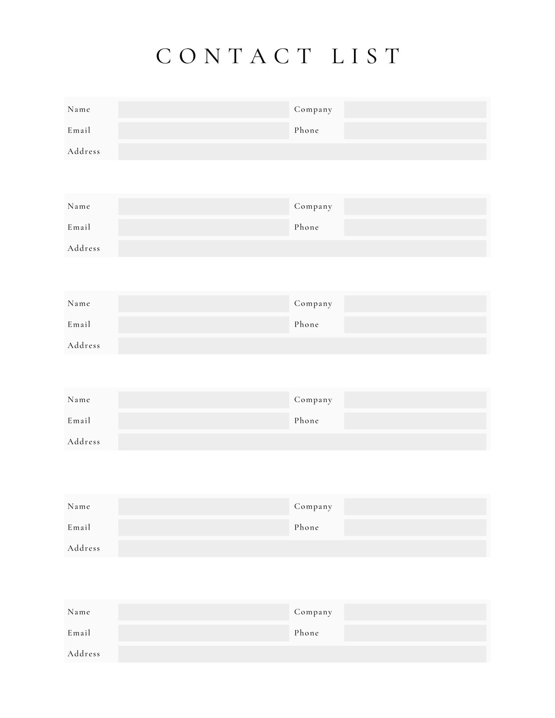 Minimalist Contact Sheet Template | Printable Planning Sheet ...