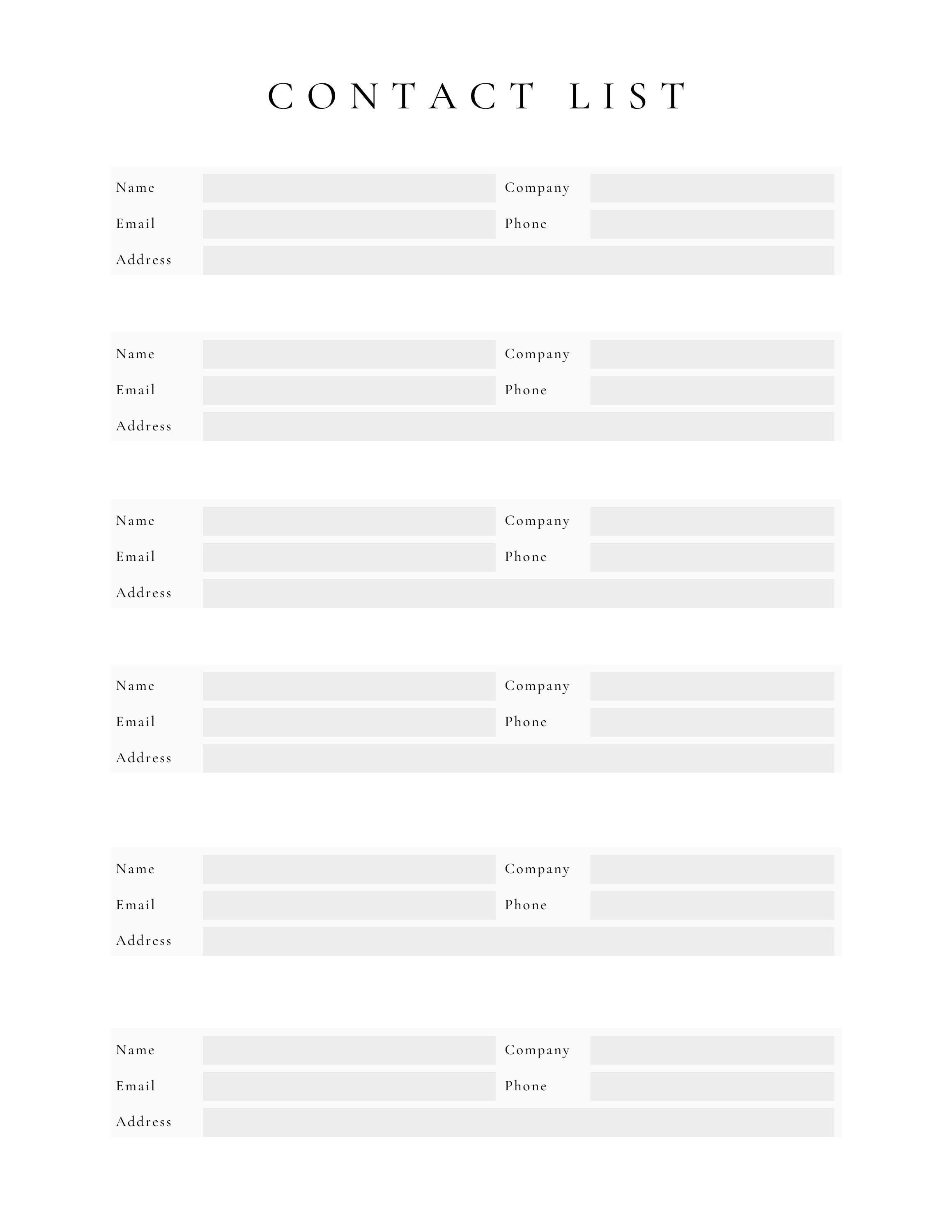 Minimalist Contact Sheet Template Printable Planning Sheet Etsy