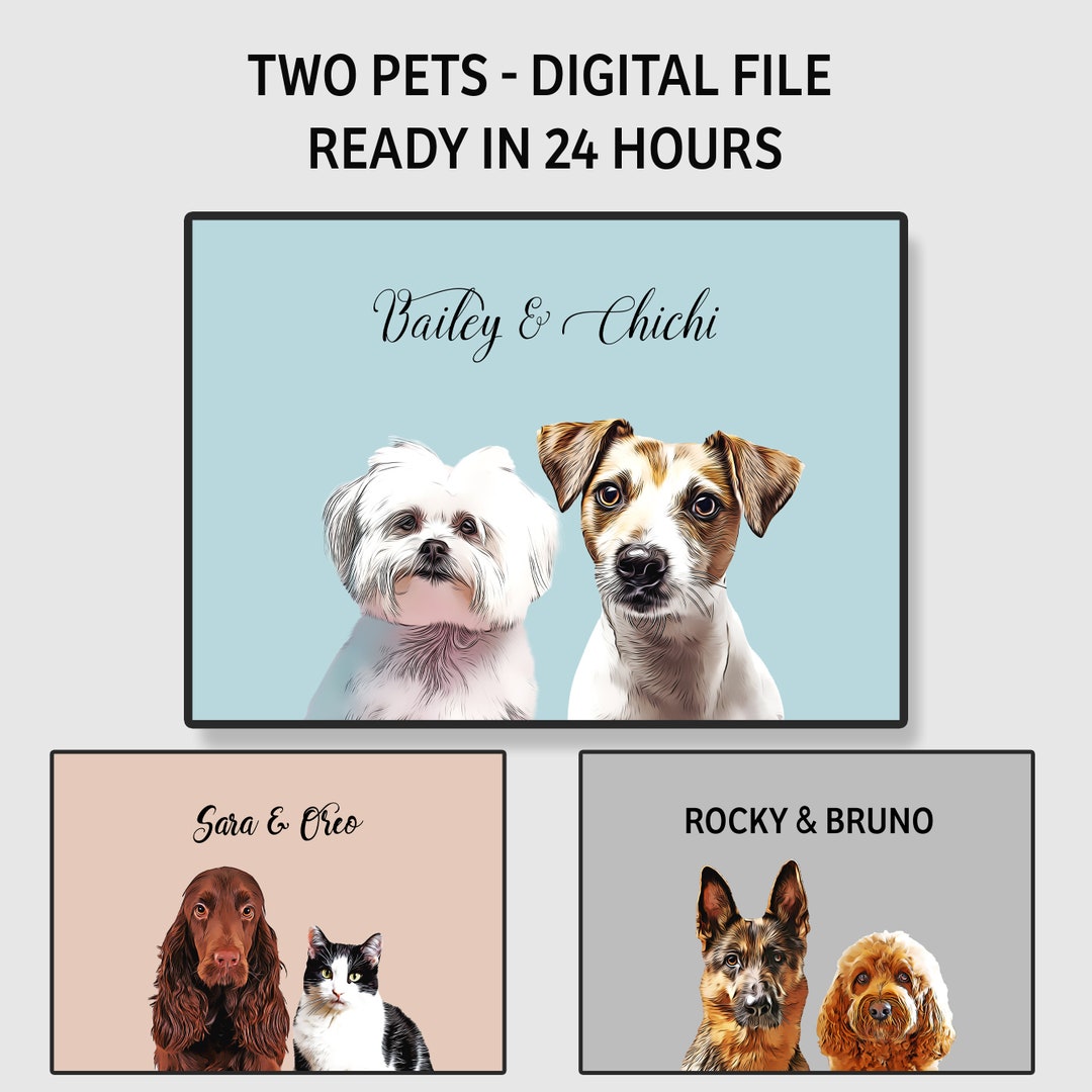 Custom Two Pets Portrait | Personalized Digital Dog Portraits | 2 Cat ...