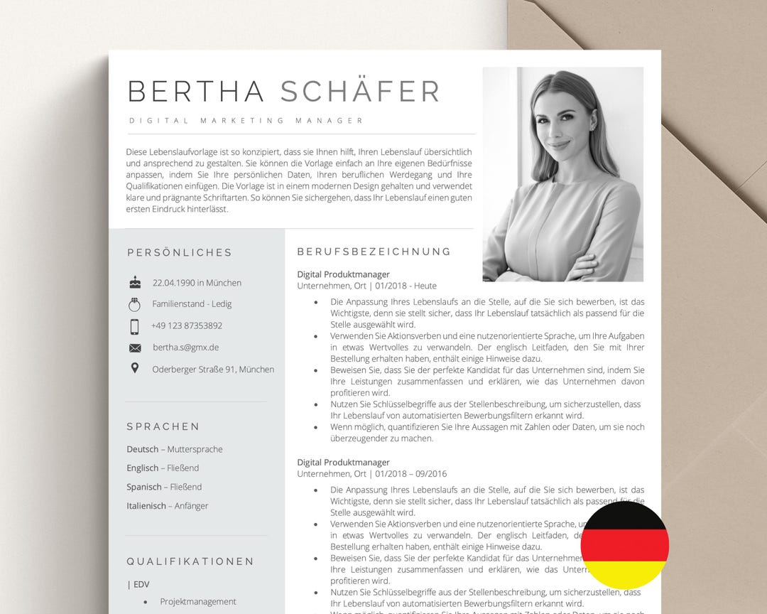 Modern German Resume Template for Microsoft Word & Mac Apple Pages ...