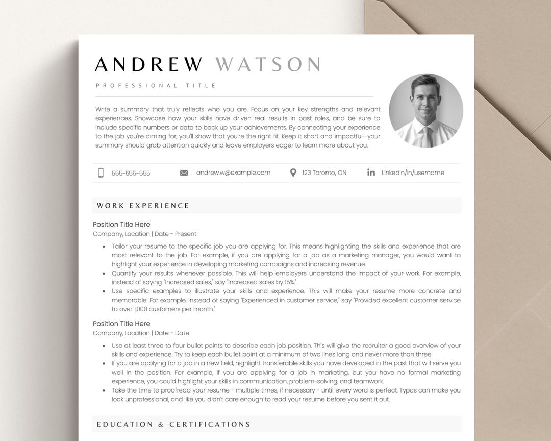 Modèle de CV, pages Word et Mac, modèle de CV minimaliste avec photo ...