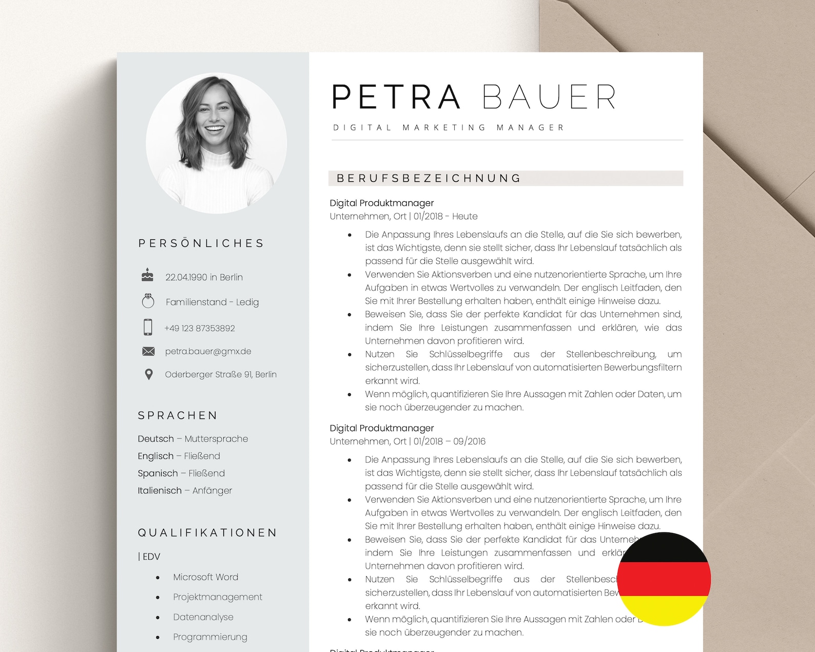 Modern German Resume Template With Photo for Apple Pages & MS Word ...