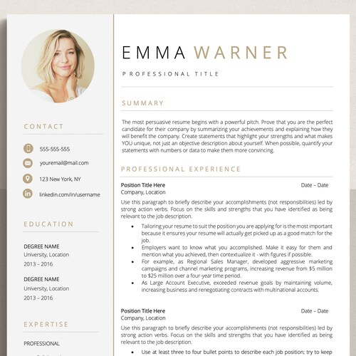 Modern Resume Template With Photo CV Template With Picture - Etsy