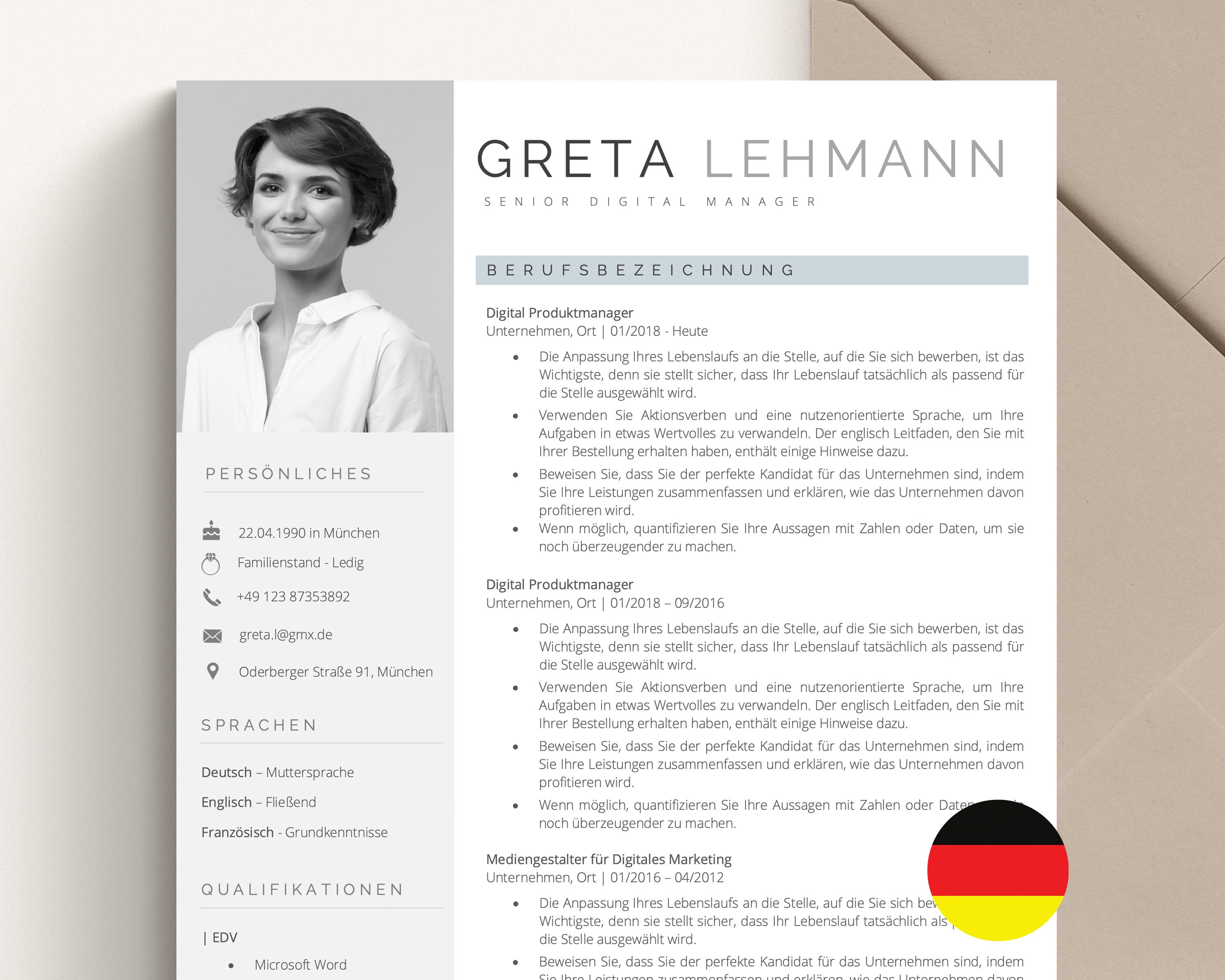 Professional German CV Template With Photo, Modern Resume for Microsoft ...