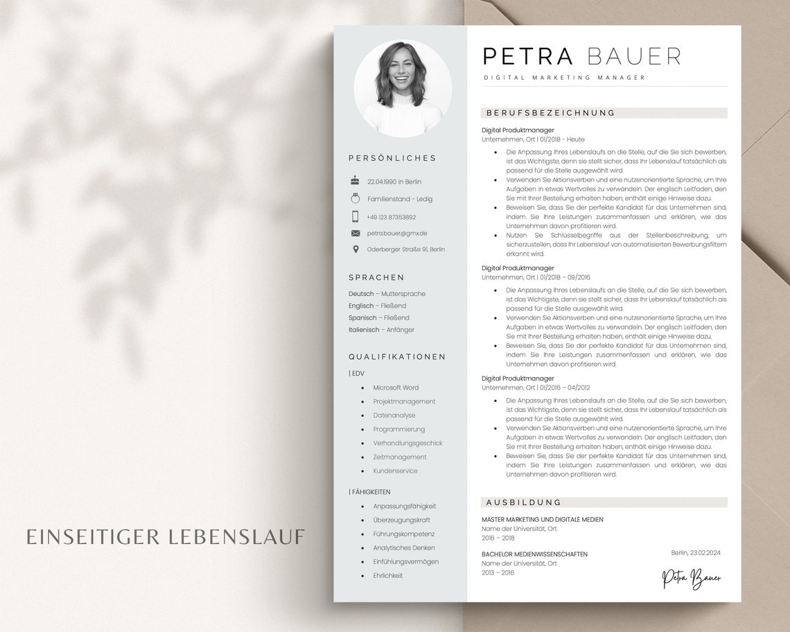 Modern German Resume Template With Photo for Apple Pages & MS Word ...