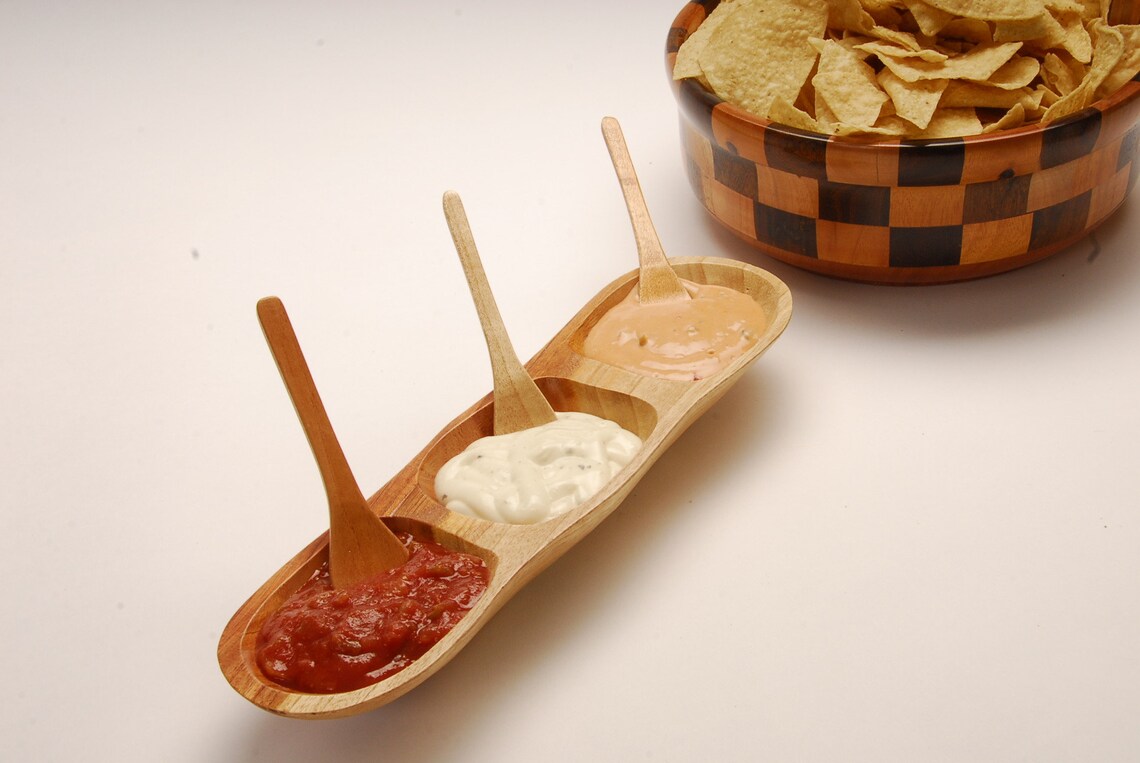 Handmade Wood 3 Section Salsa Holder With Serving Spoons - Etsy