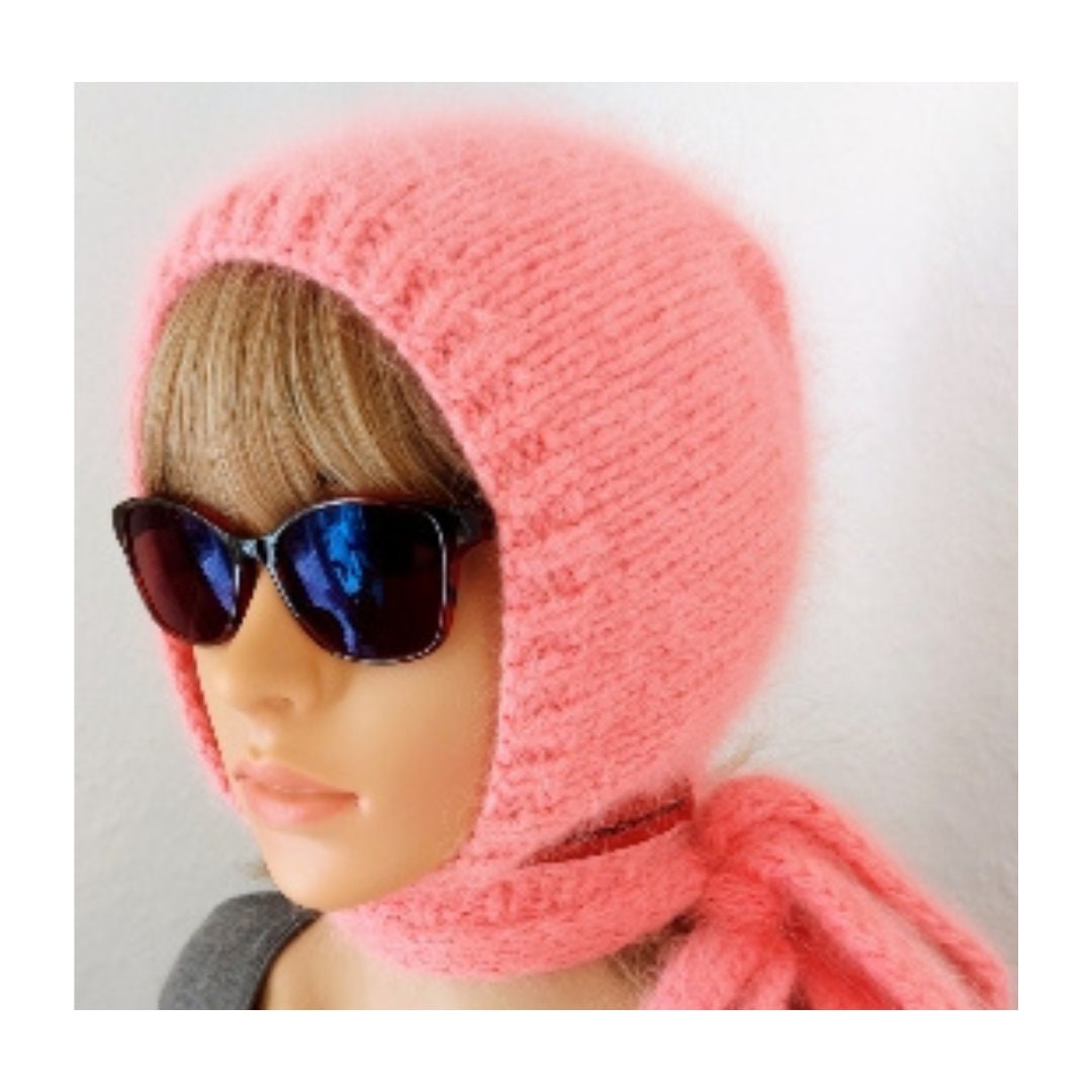 Aviator Bonnet, Knitted Hood With Ties, Beanie Wool Hat, Knitted Wool ...