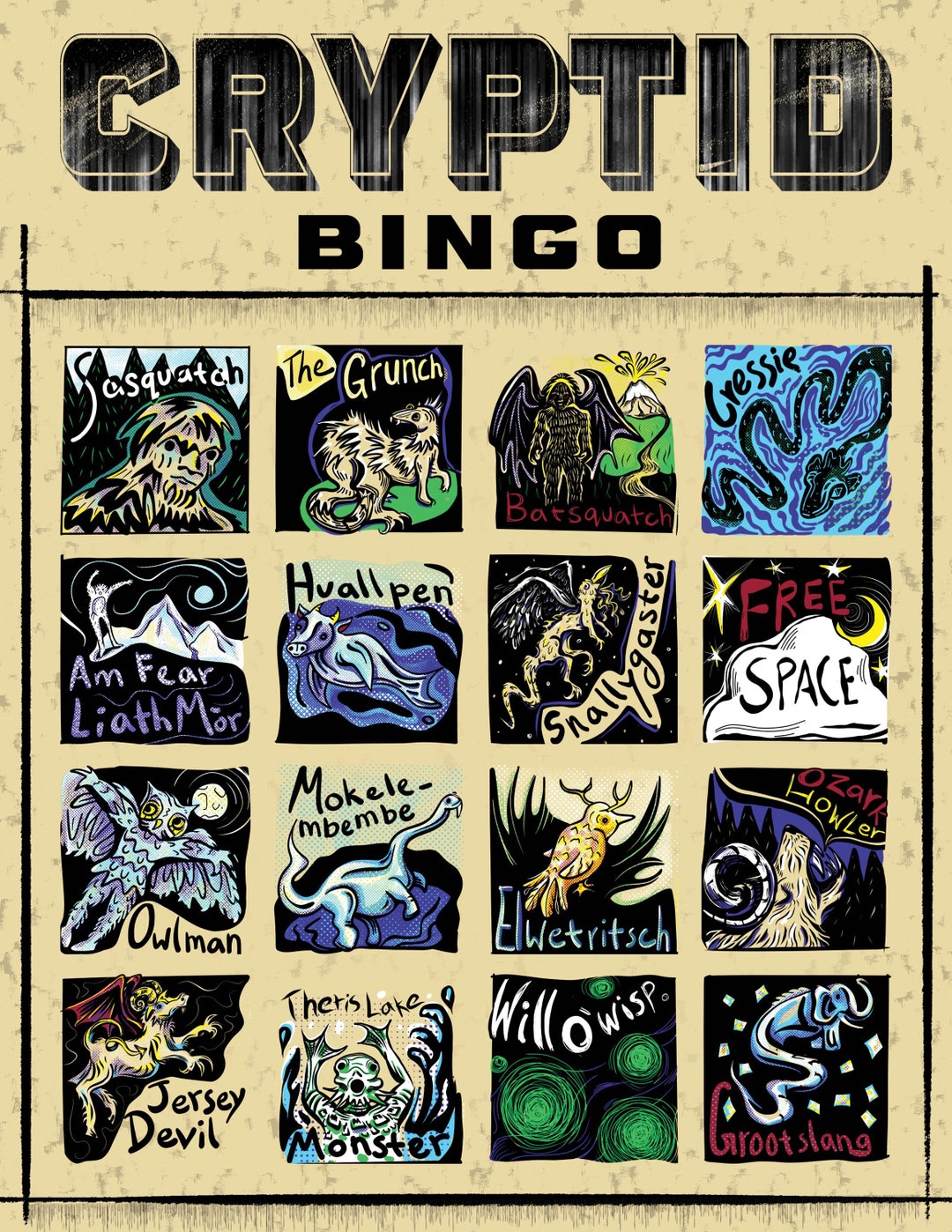 Cryptid Bingo Game | 50 Unique Boards | Retro-style Illustrations | Instant Download PDF ...