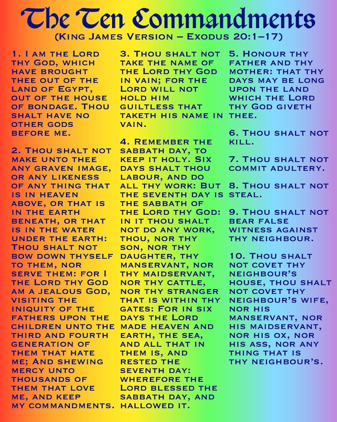 Rainbow Ten Commandments Poster, Large Format Printable for Texas ...