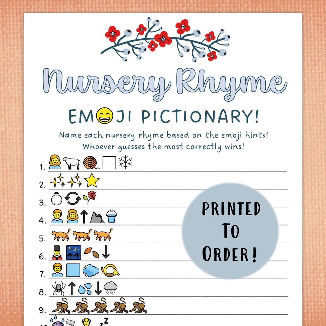 PRINTED Nursery Rhyme emoji Pictionary Baby Shower Game - Etsy