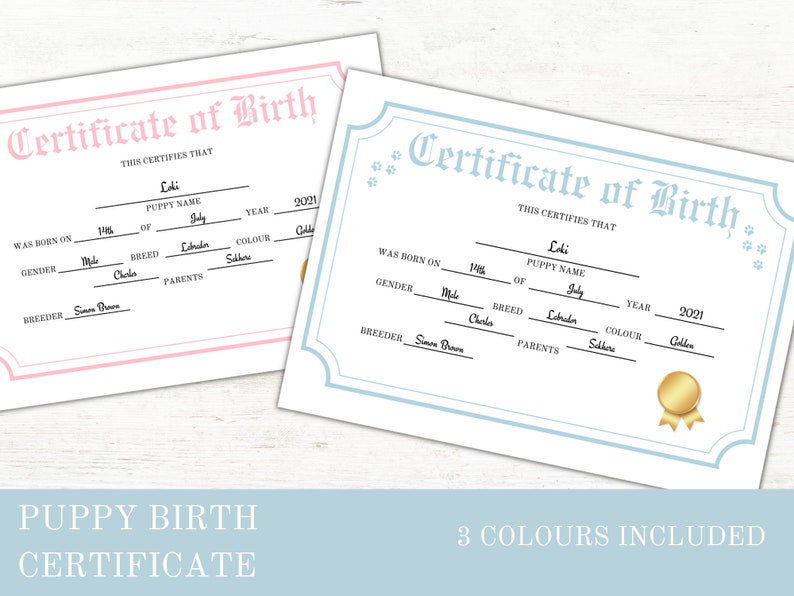 Puppy Birth Certificate Template, Editable Certificate, Puppy Adoption ...