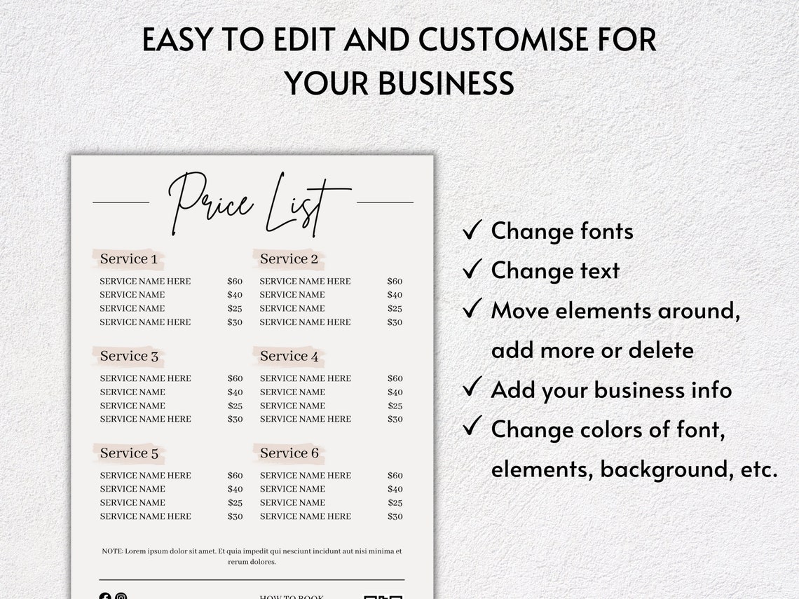 Price List Template, Editable Price List, Small Business Printable ...