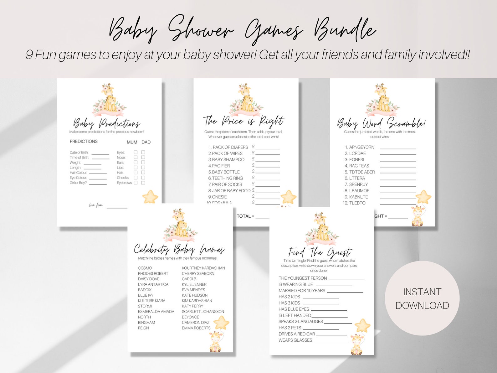 Giraffe Baby Shower Games, Printable Baby Shower Games, Animal Baby ...