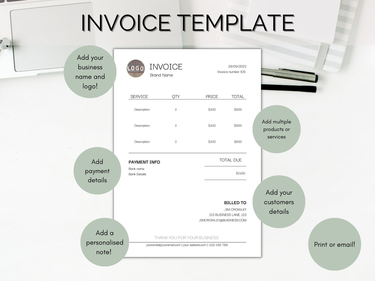 Simple Invoice Template, Professional Business Invoice, Printable ...