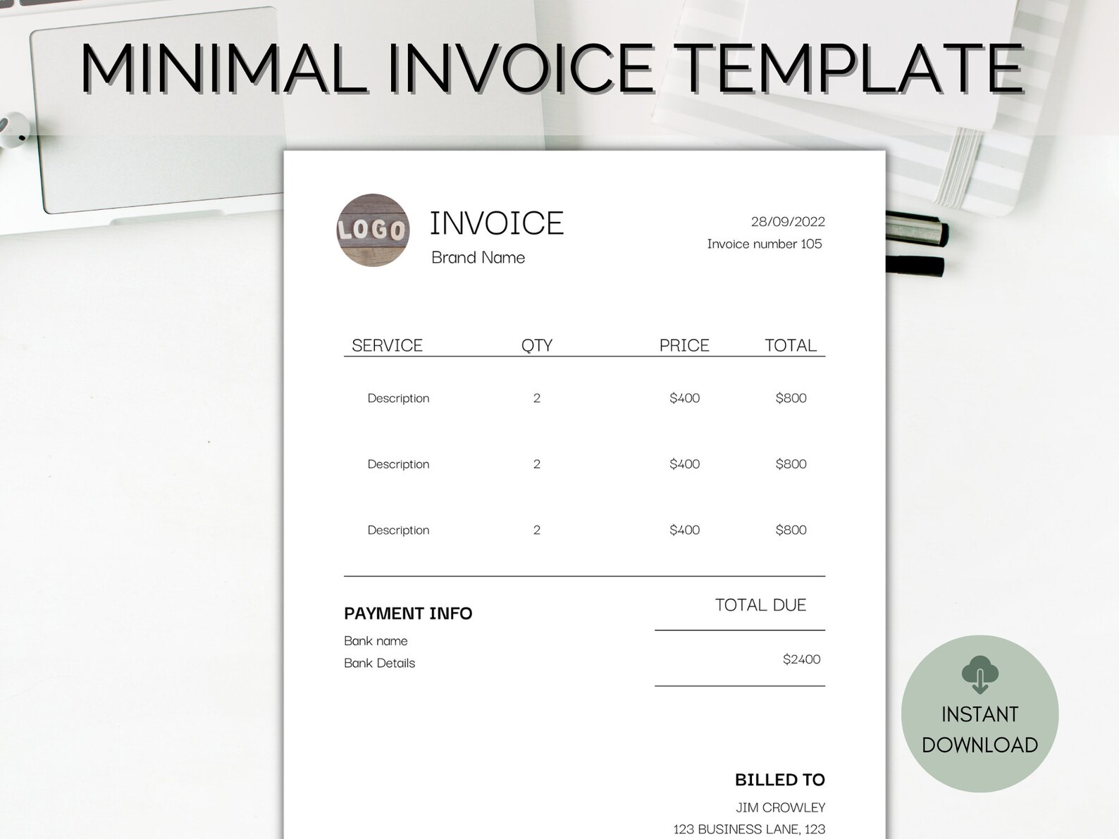 Simple Invoice Template, Professional Business Invoice, Printable ...