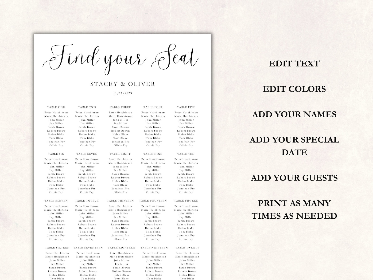 Seating Chart Printable , Wedding Seating Plan Template, Find Your Seat ...