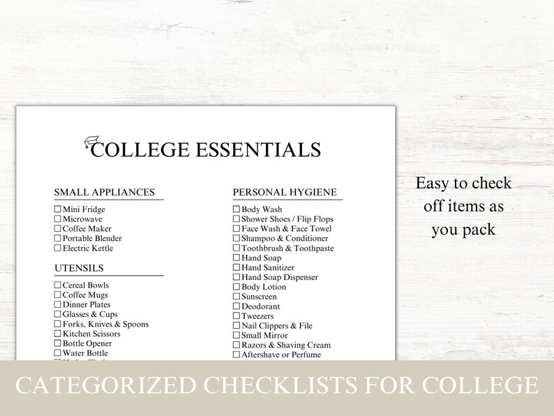 College Essentials Checklist, Freshmen Move-in Prep, Printable Dorm ...