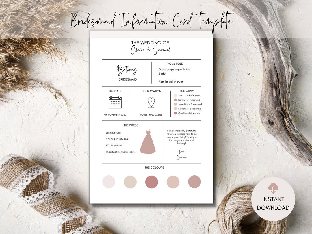 Bridesmaid Info Card Template, Bridal Party Info Card,bridesmaid ...