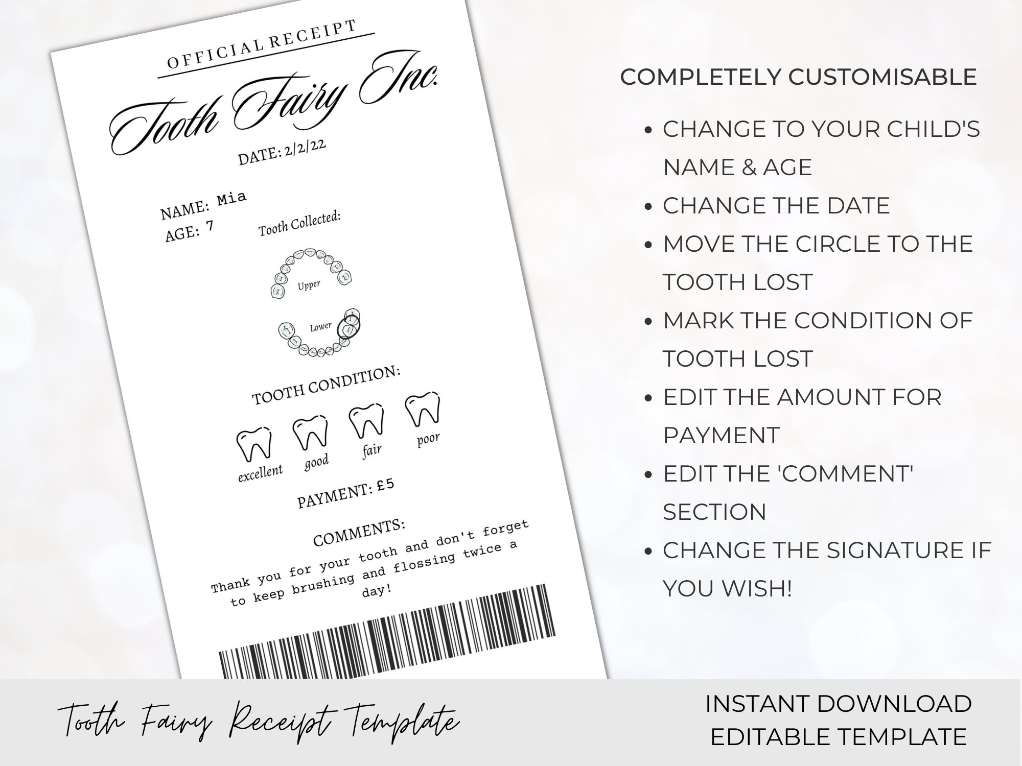 Tooth Fairy Receipt Template, Receipt Template, Tooth Fairy Letter ...