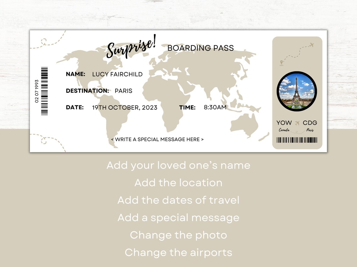 Editable Boarding Pass Template, Customizable Plane Tickets, Airplane Ticket Gift Card, Travel ...