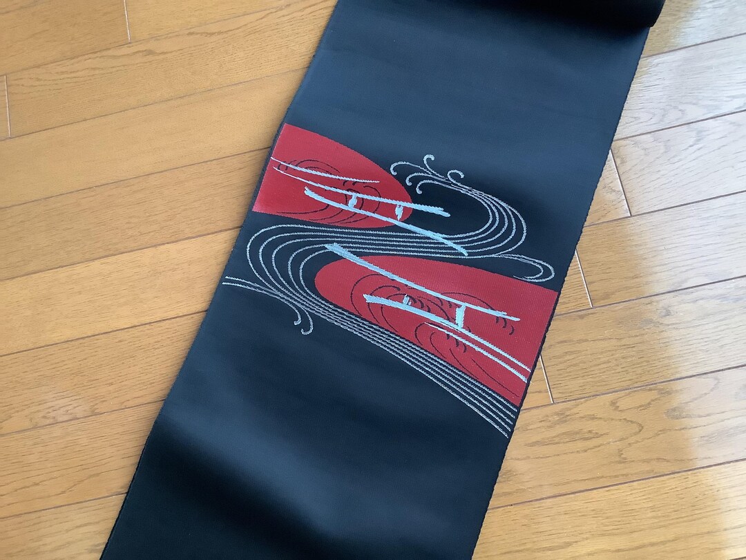Japanese Urushi Thread Waven Obi, Wave Pattern Silk Nagoya Obi, Black ...
