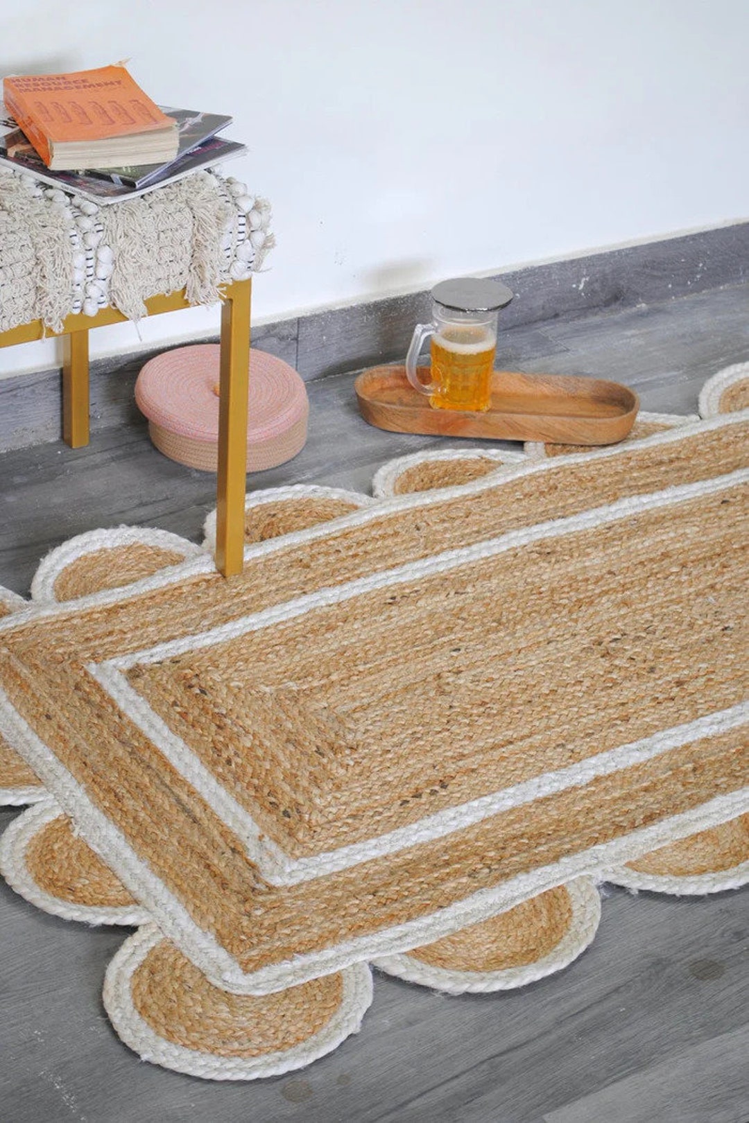 5x7 Jute Area Rug Scalloped Runner Rug, Bohemian Scallop Rug, Natural ...