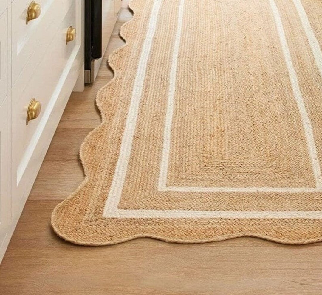 Jute Runner Rug Scalloped Runner Rug, Bohemian Scallop Rug, Natural ...