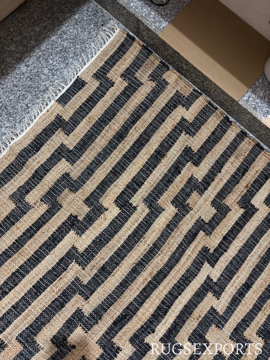 Natural Jute Black High Quality Hand Woven Geometric Boho Style Rug ...