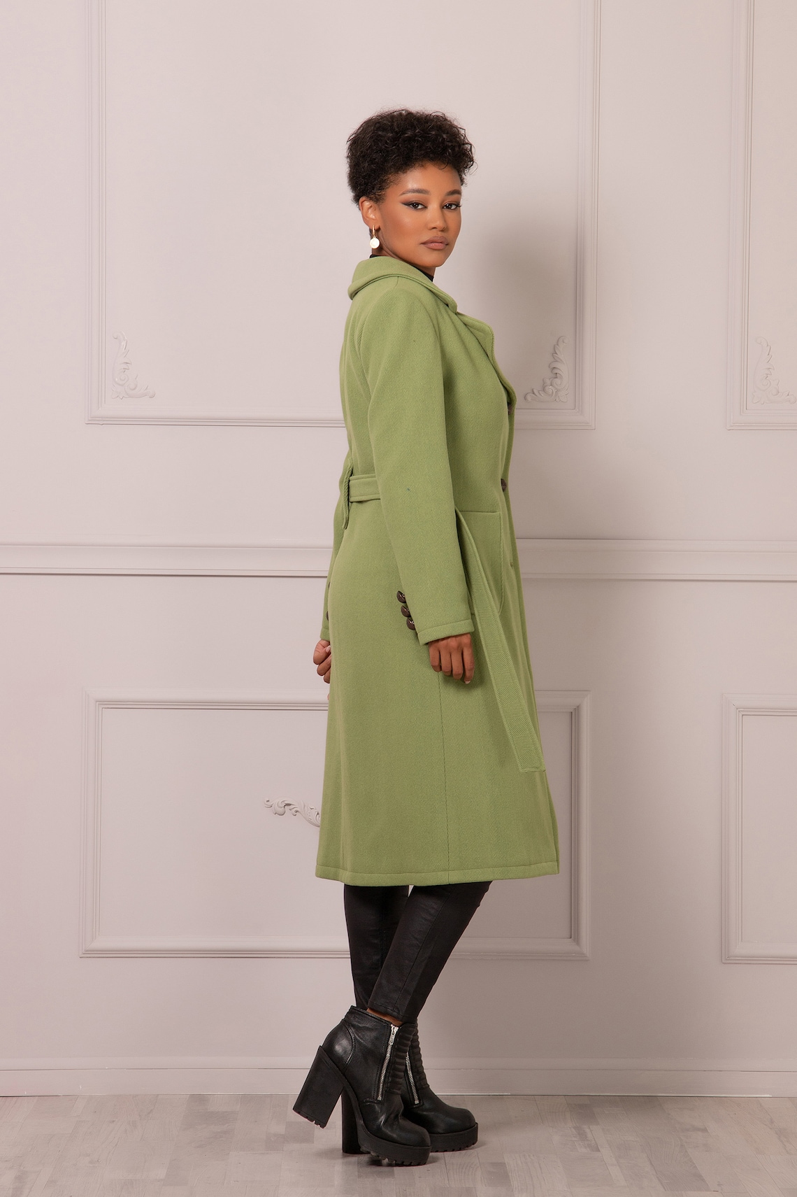 Chartreuse Wool Cashmere Winter Coat, Elegant Green Maxi Coat, Belted ...